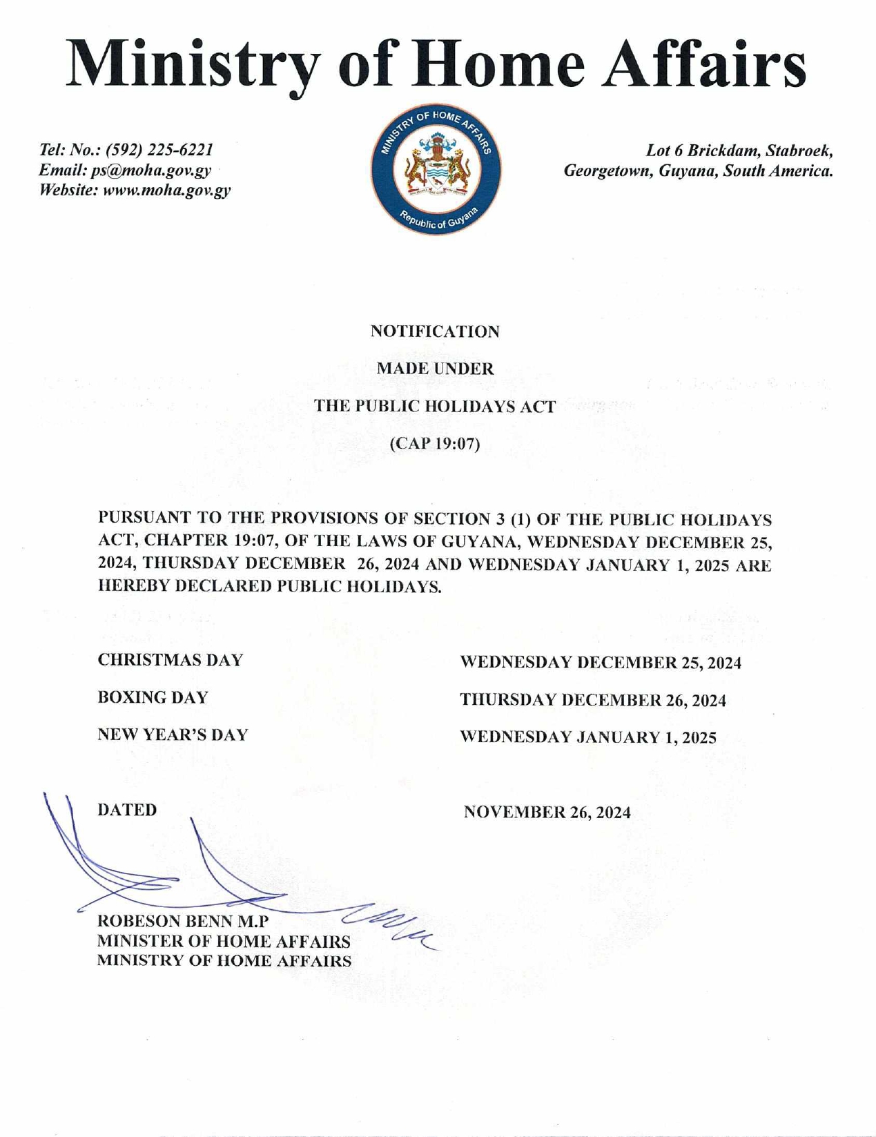 Notice of Public Holiday - Ministry of Home Affairs